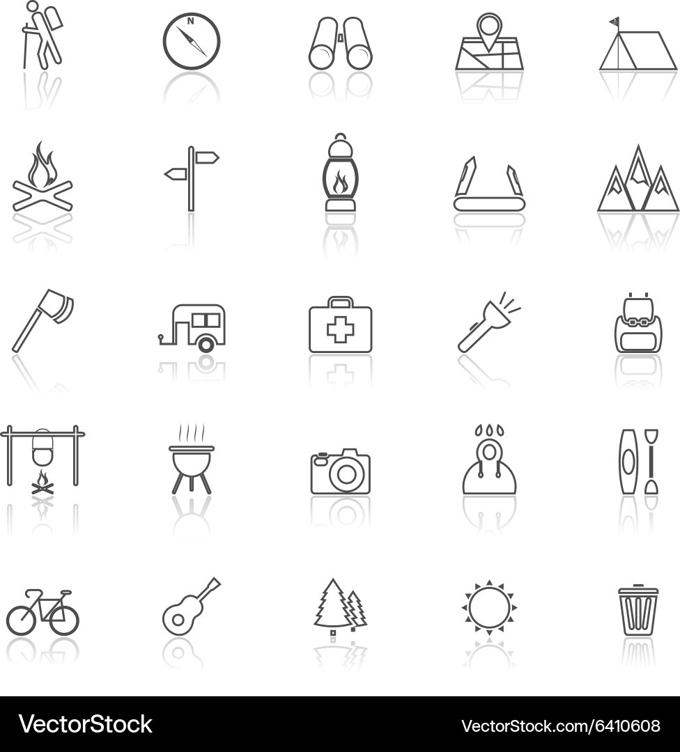 Trekking line icons with reflect on white Vector Image