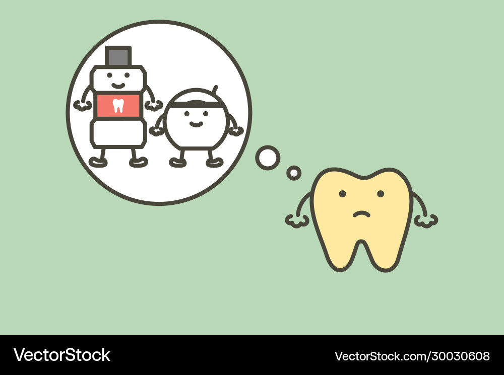 Yellow tooth thinking mouthwash and floss Vector Image