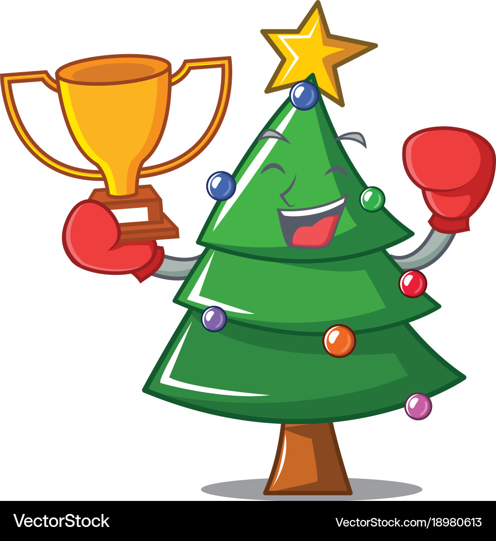 Boxing winner christmas tree character cartoon Vector Image