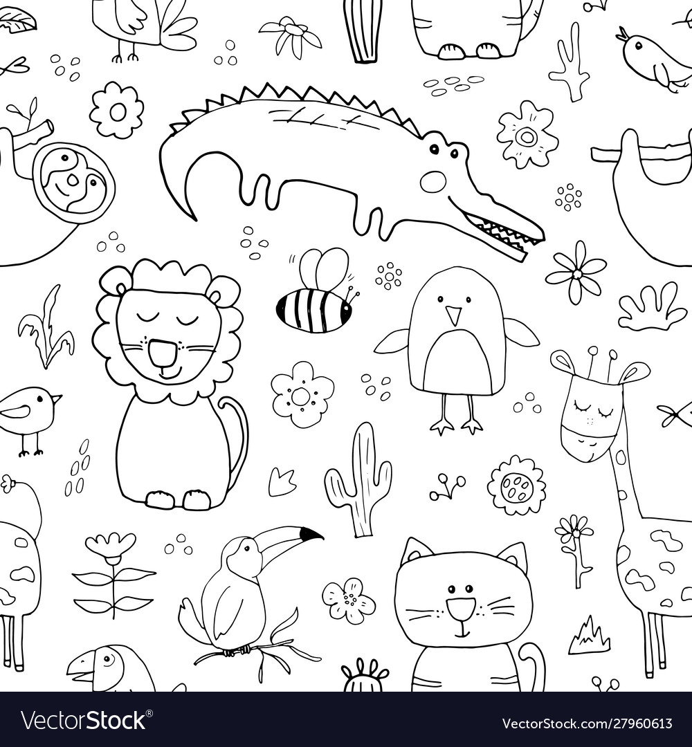 Cute animals seamless pattern cartoon hand drawn Vector Image