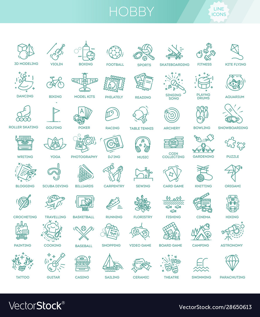 Hobbies and interest detailed line icons Vector Image Hobbies and interest detailed line icons Vector Image