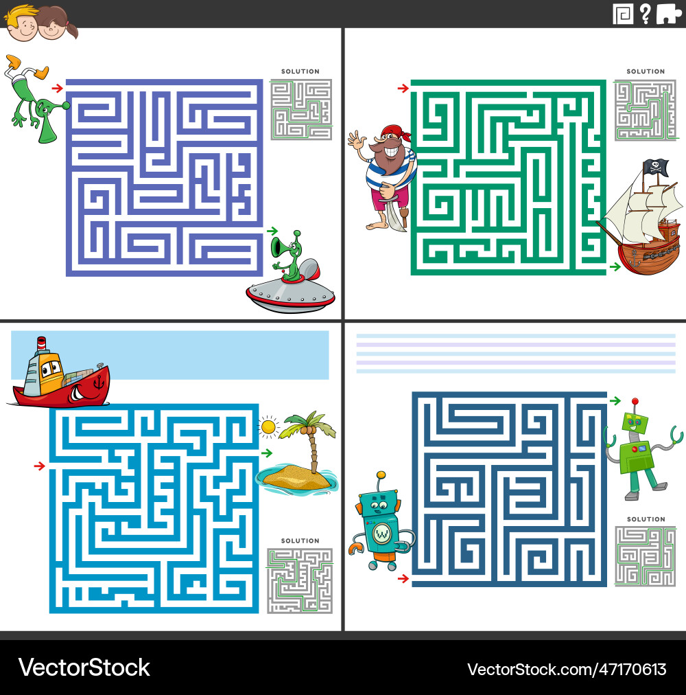 Maze activity games set with funny cartoon Vector Image