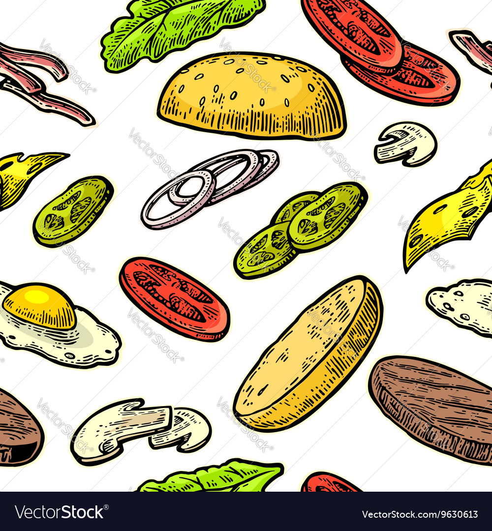 Seamless pattern ingredients burger include cutlet