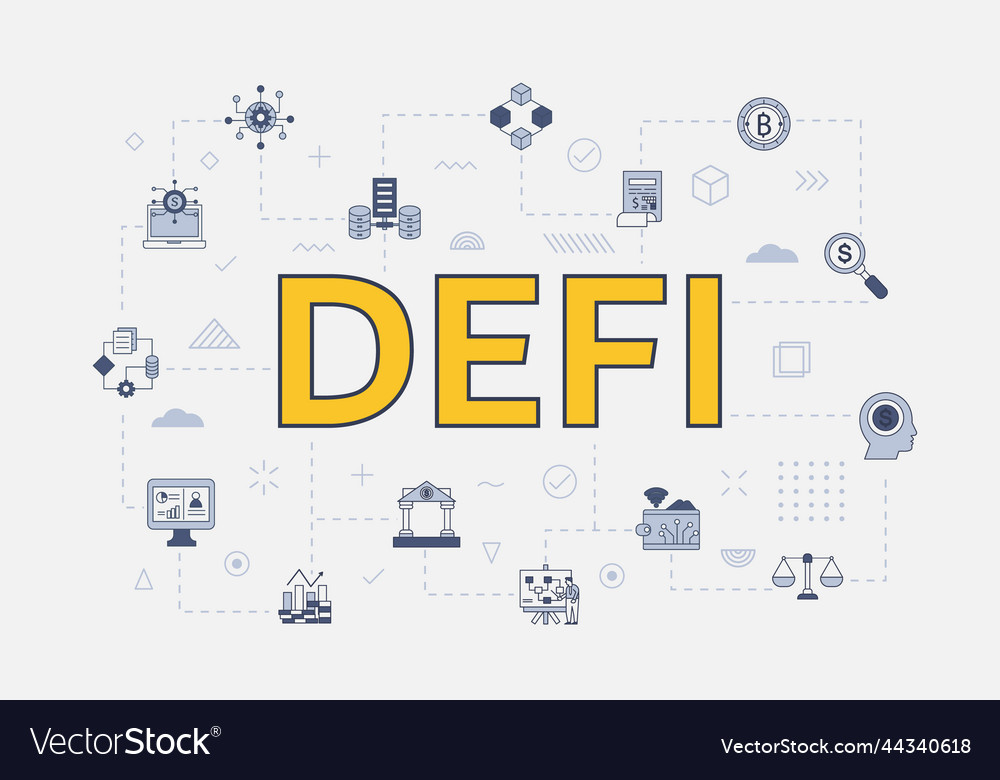 Defi decentralized finance concept with icon set Vector Image Defi decentralized finance concept with icon set Vector Image
