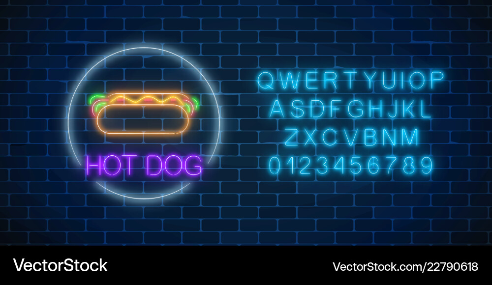 Neon glowing sign hot dog in circle frame Vector Image