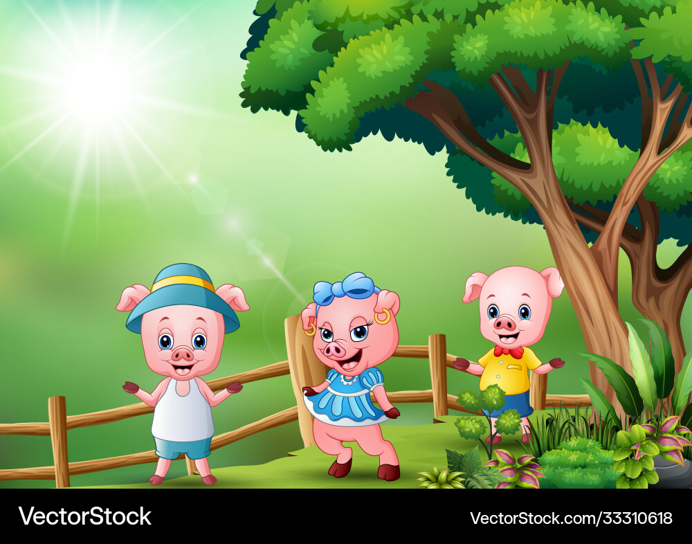 Three little pig playing at nature background Vector Image