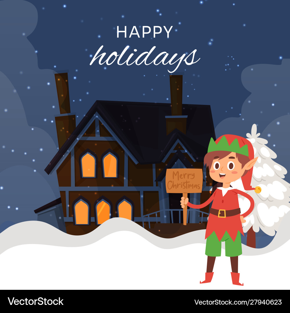 Christmas elf on night winter landscape Royalty Free Vector