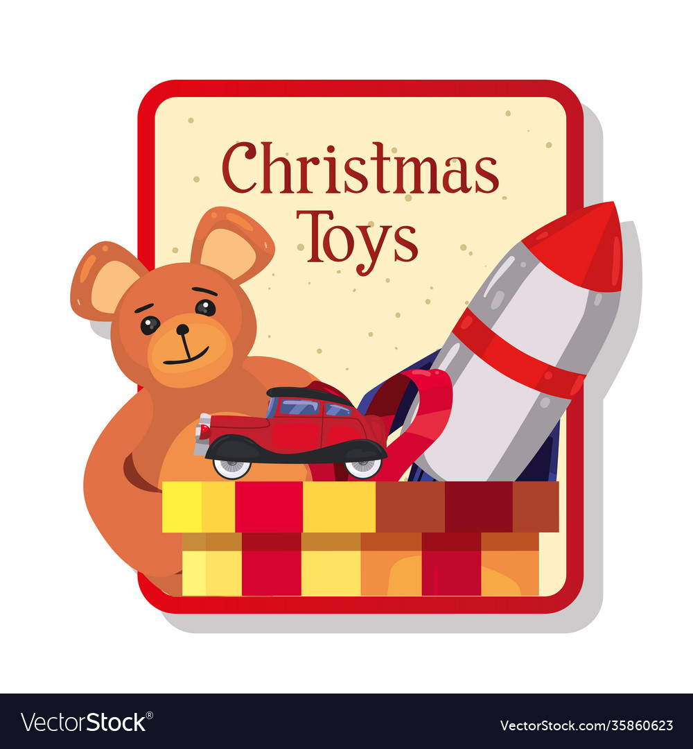 Merry christmas toys teddy bear rocket and gift Vector Image