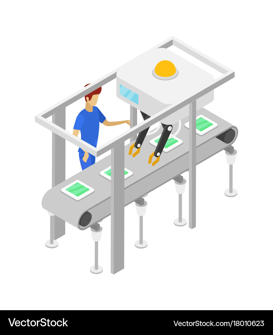 Young boy near isometric 3d assembly line Vector Image