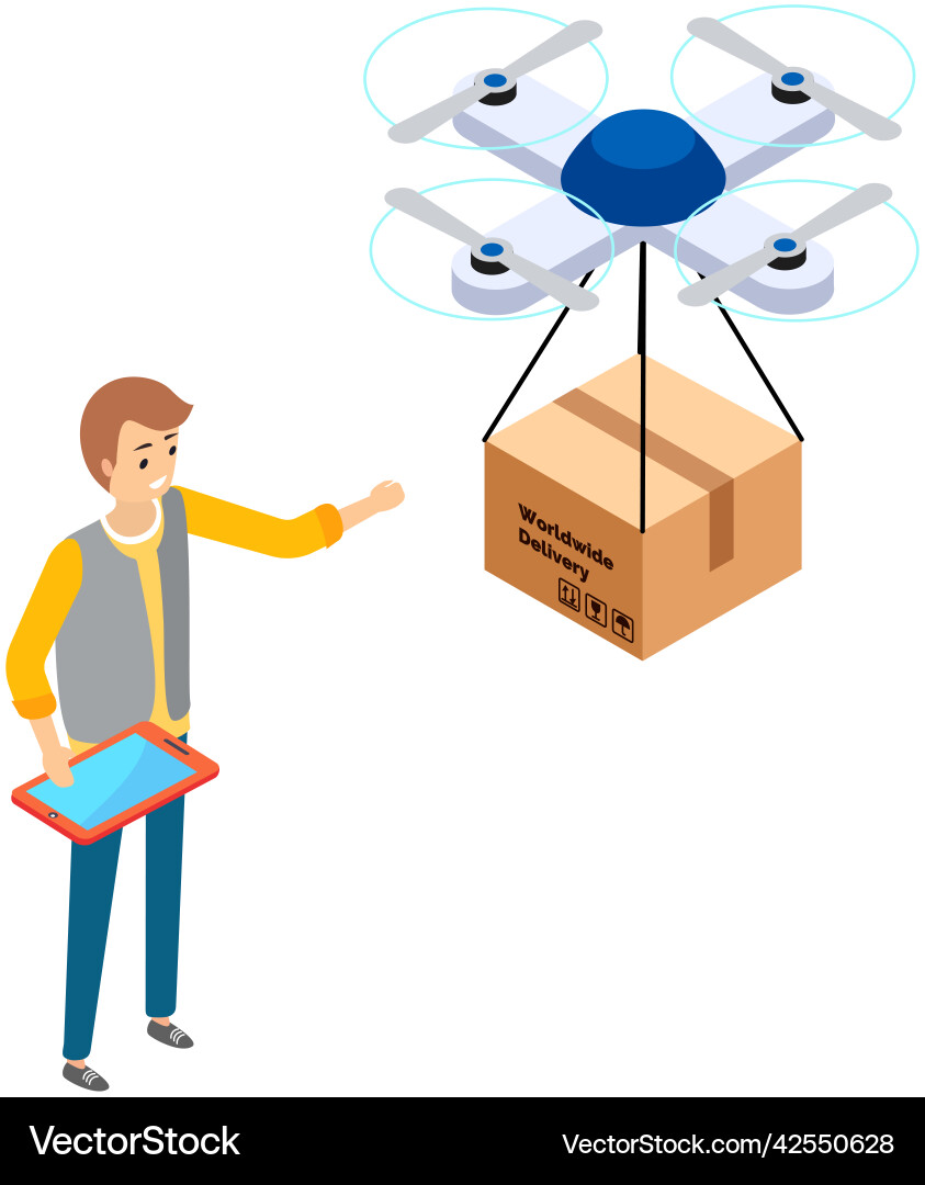 Cartoon cardboard box package delivering by copter