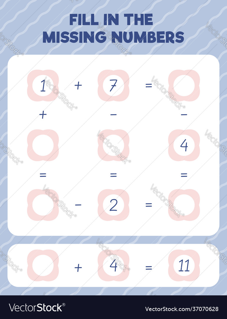 Fill in missing numbers printable maths Royalty Free Vector