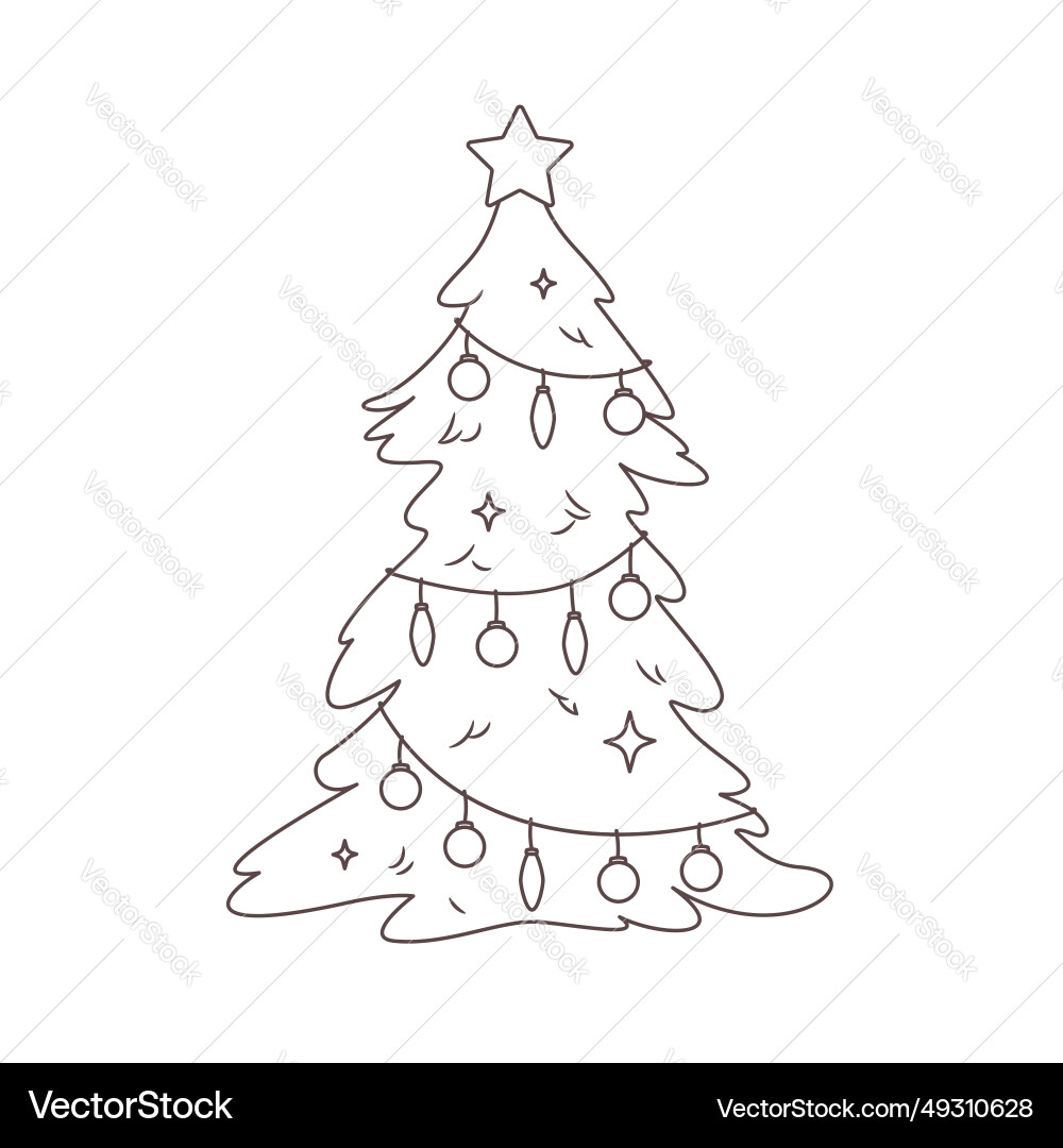 Isolated outline retro christmas tree with lights Vector Image