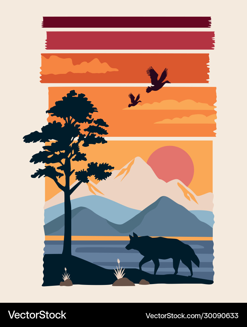 Beautiful landscape with birds and wolf scene Vector Image