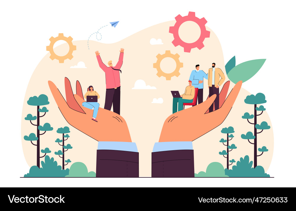 Hands holding team of tiny business persons Vector Image