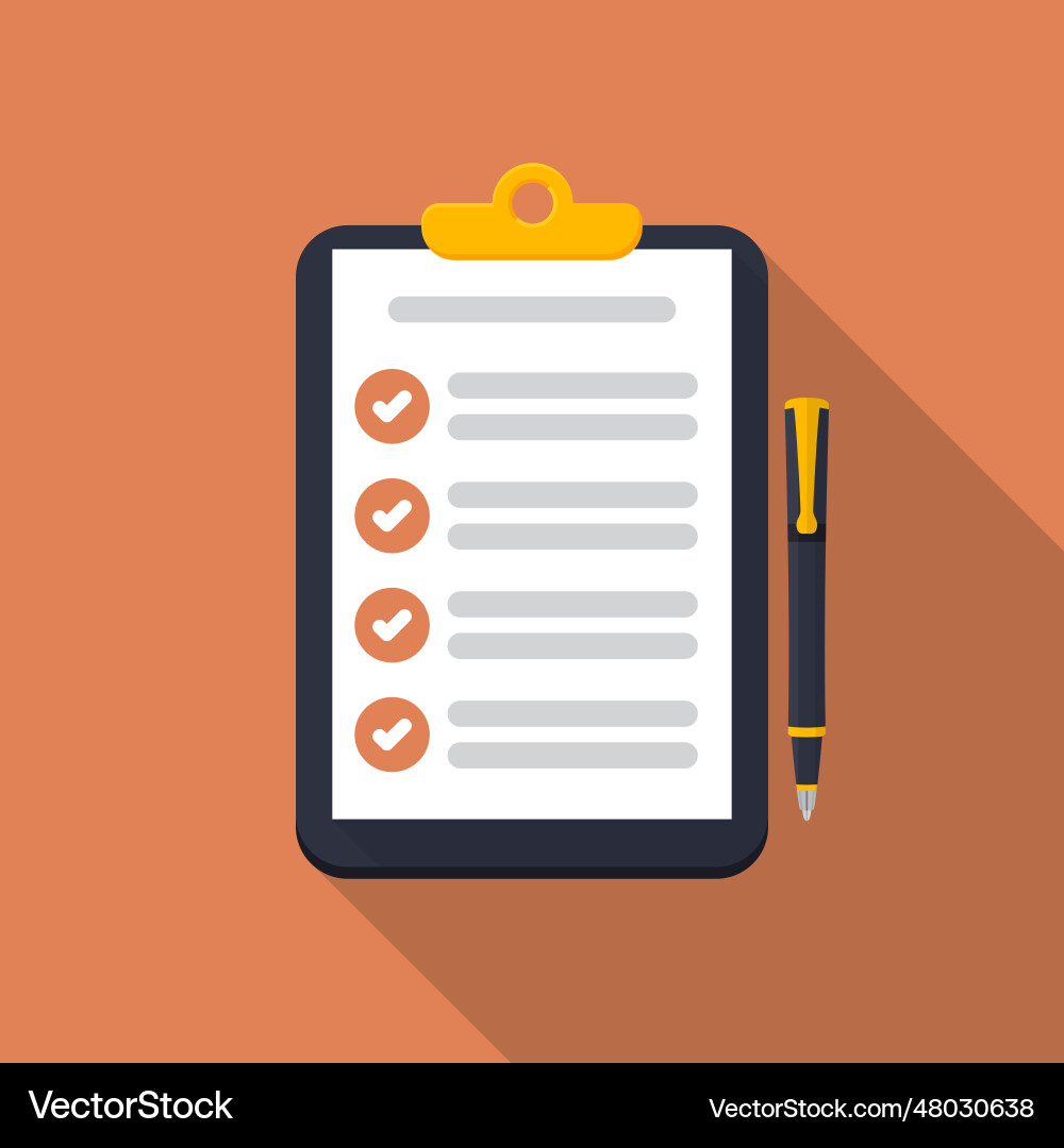 Clipboard with checklist and pen icon in a flat Vector Image