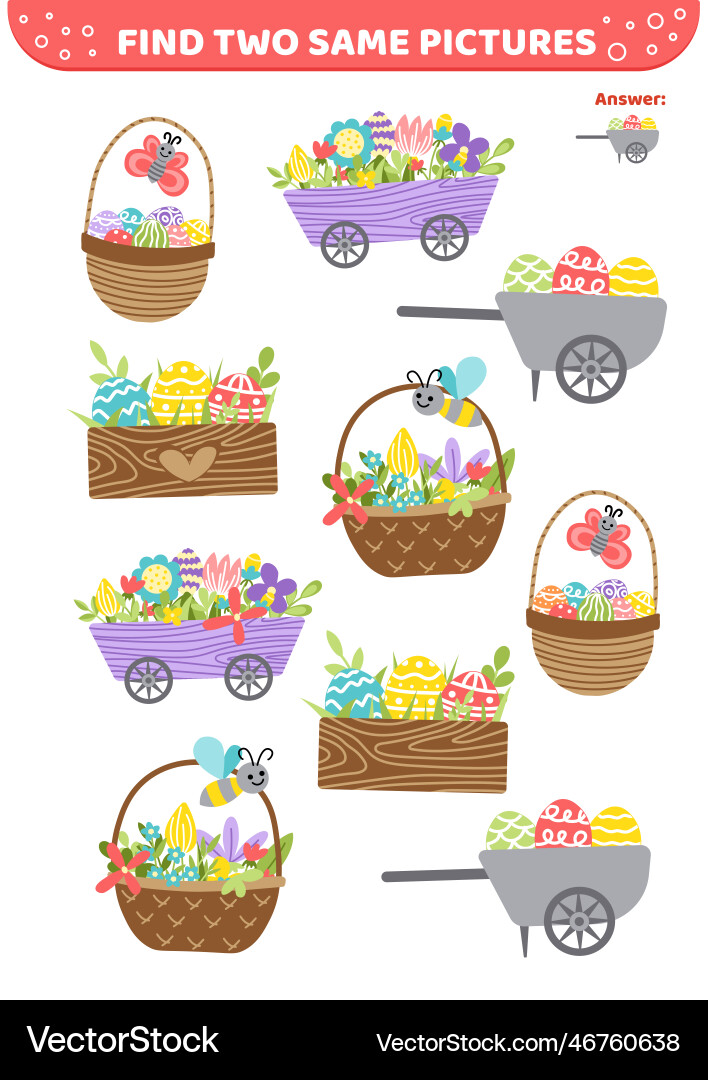 Find two same pictures summer basket easter eggs Vector Image