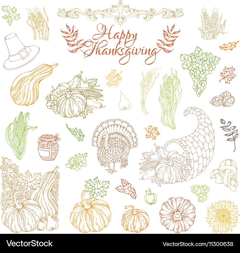 Set of outlined thanksgiving design elements Vector Image