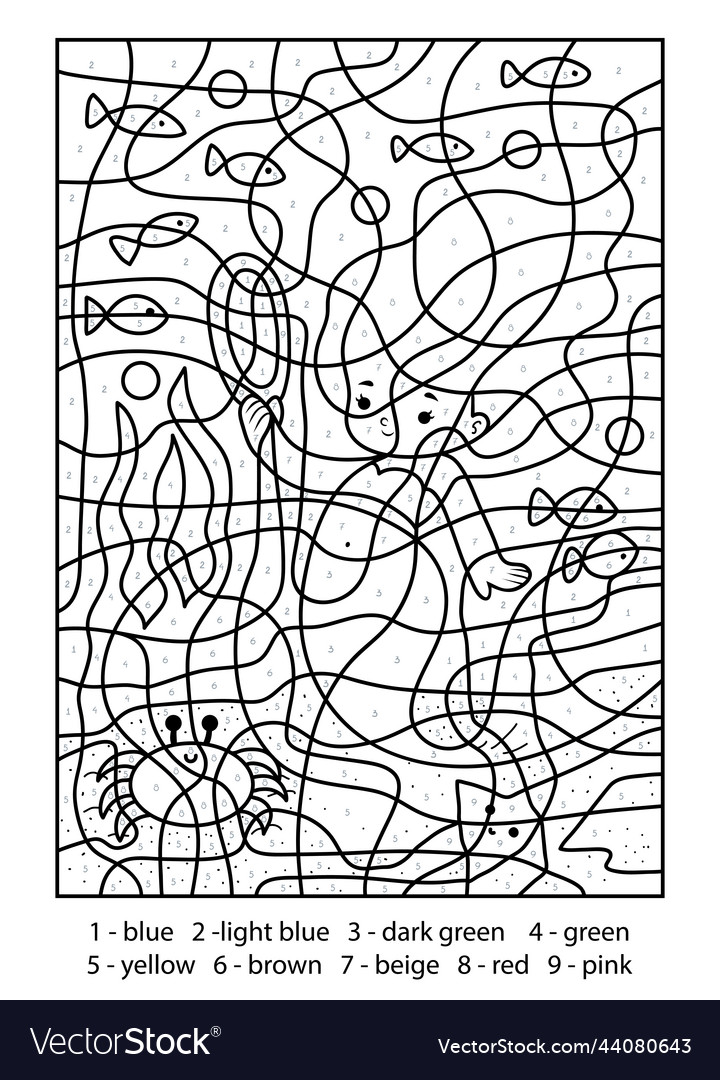 Color by number fairy tales little mermaid Vector Image