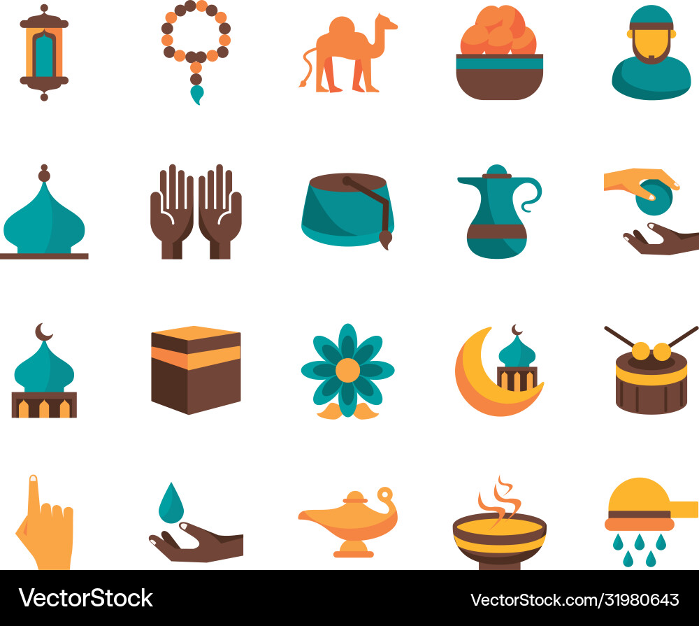 Islam religion set flat style icons Royalty Free Vector