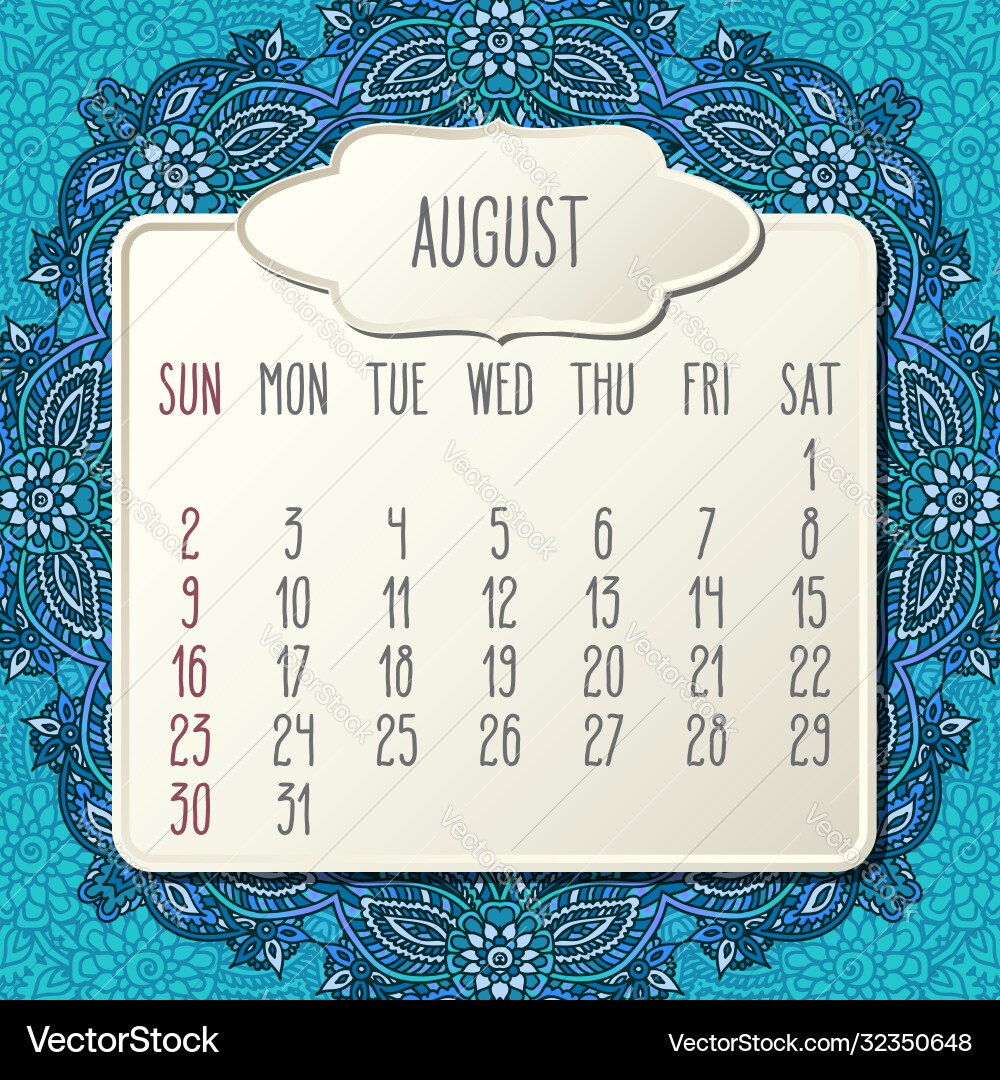 August year 2020 monthly frame and floral doodle Vector Image