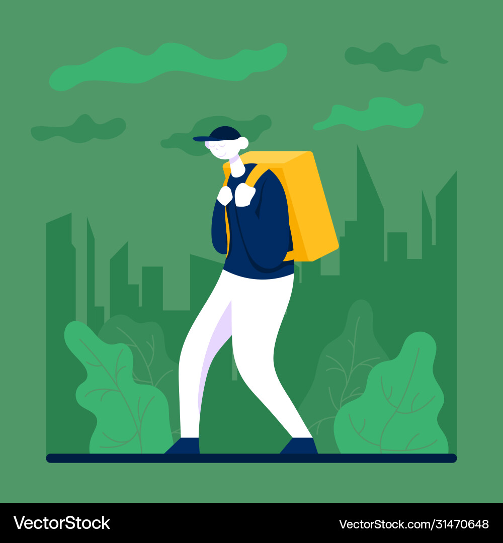 Courier with a backpack goes to deliver the Vector Image