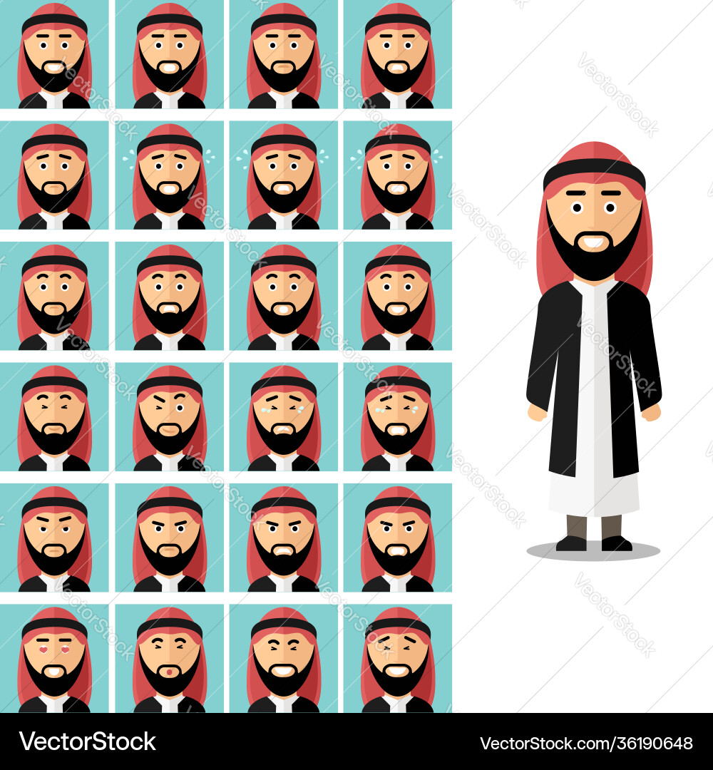 Face emotions arab man set in flat style Vector Image