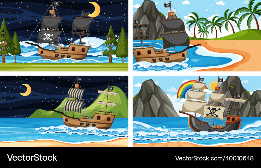 Set of different beach scenes with pirate ship Vector Image