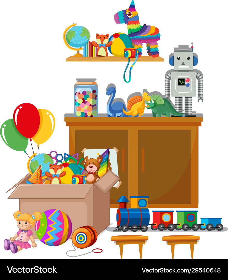 Shelf and box full toys on white background Vector Image