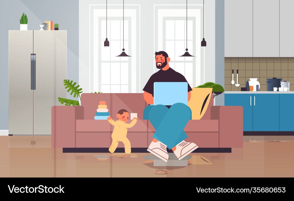 Father playing with little son and using laptop Vector Image