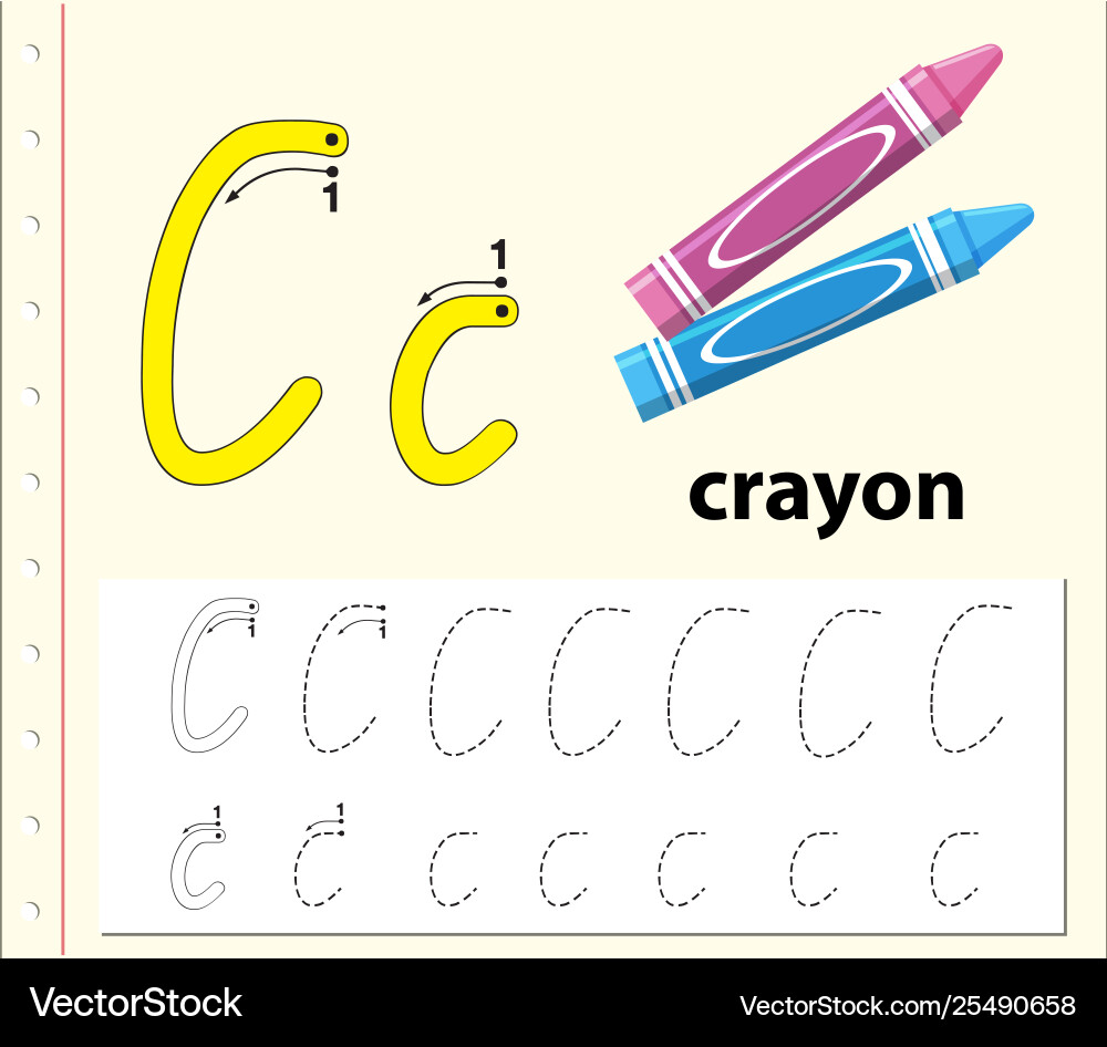 Letter c tracing alphabet worksheets Royalty Free Vector