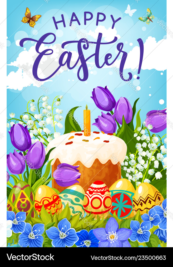Easter cake eggs and flowers religious holiday Vector Image