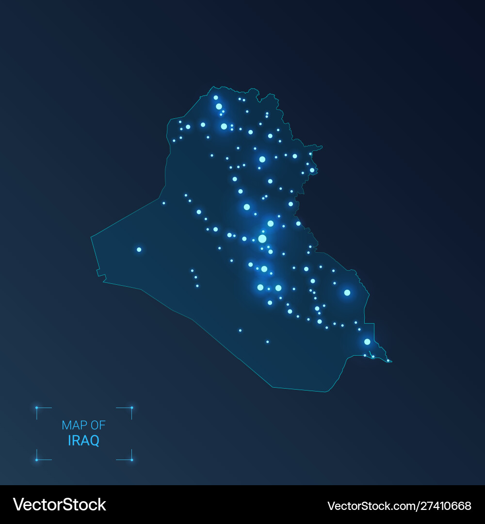 Iraq map with cities luminous dots - neon lights Vector Image