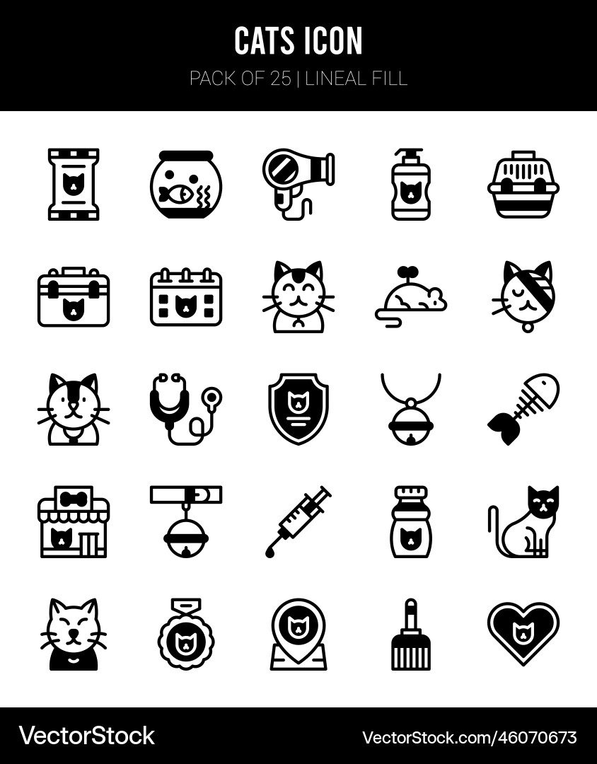 25 cats lineal fill icons pack Royalty Free Vector Image