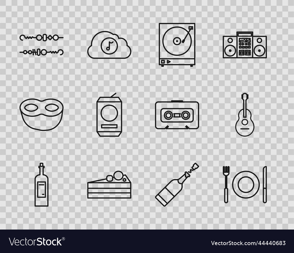 Set Line Bottle Of Wine Plate Fork And Knife Vector Image