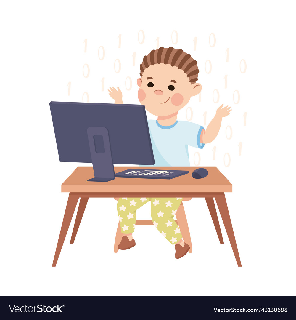Little boy sitting at computer and coding Vector Image