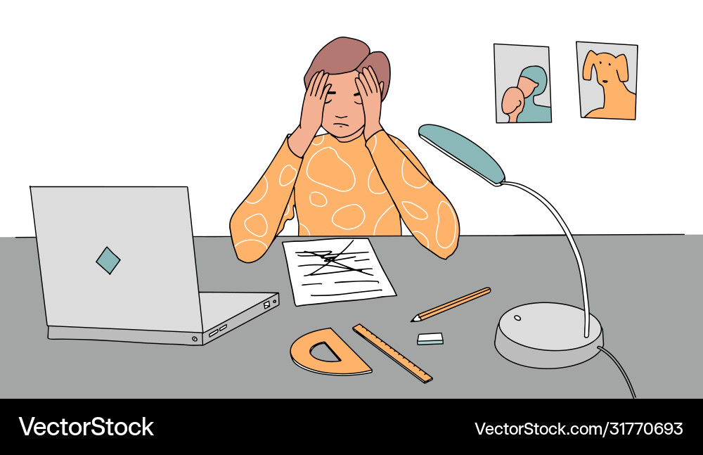 Boy at home in stress doing hard homework Vector Image
