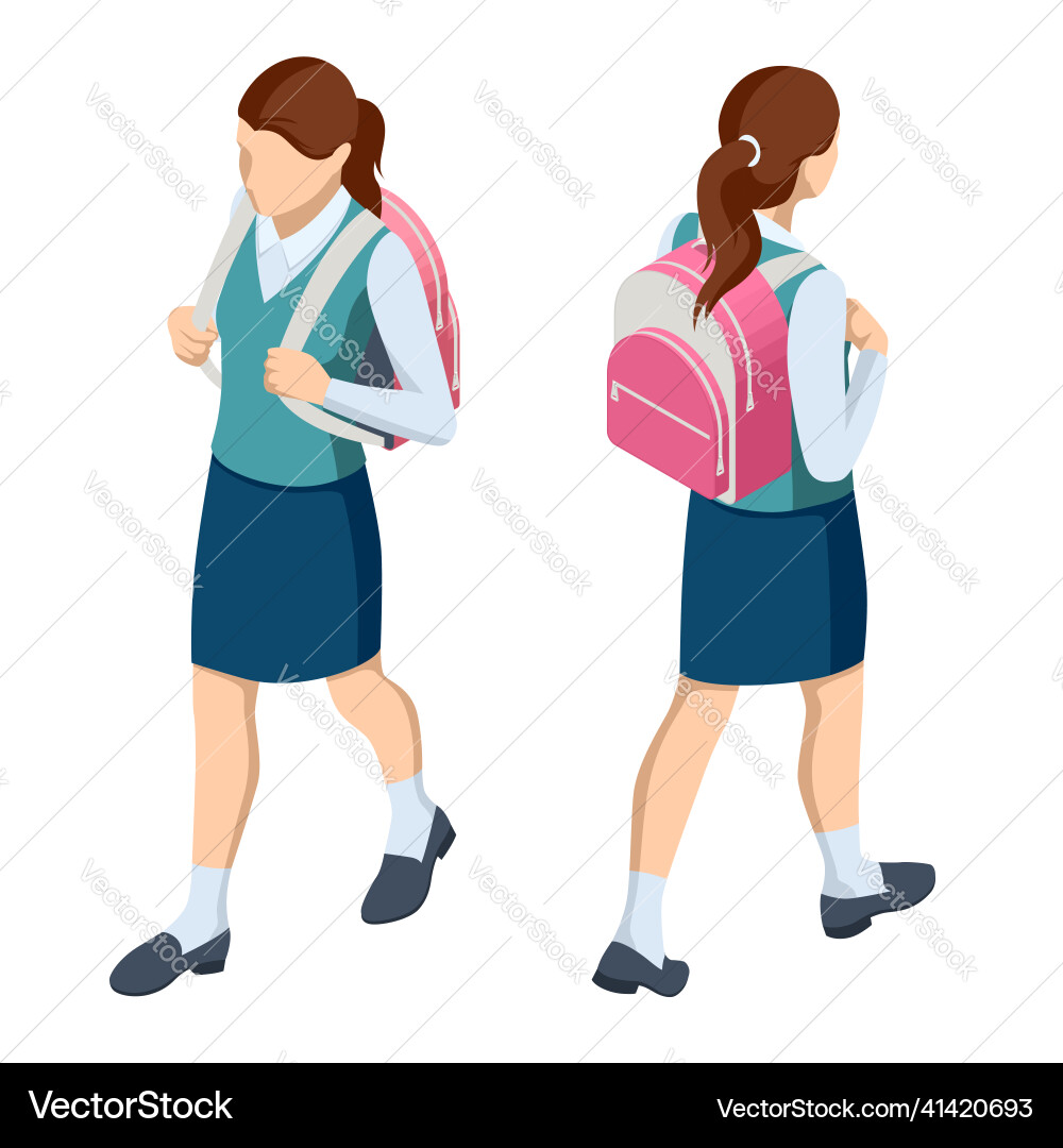 Isometric student in school uniform goes to school
