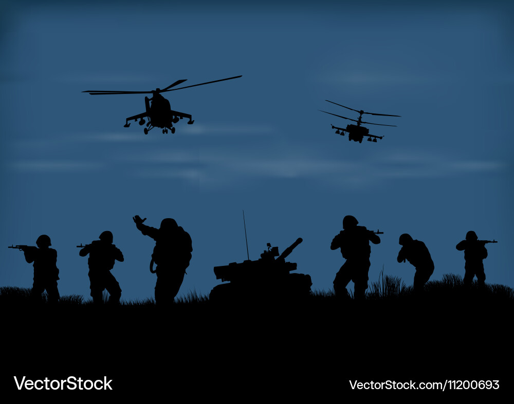 Soldiers going to attack and helicopters Vector Image