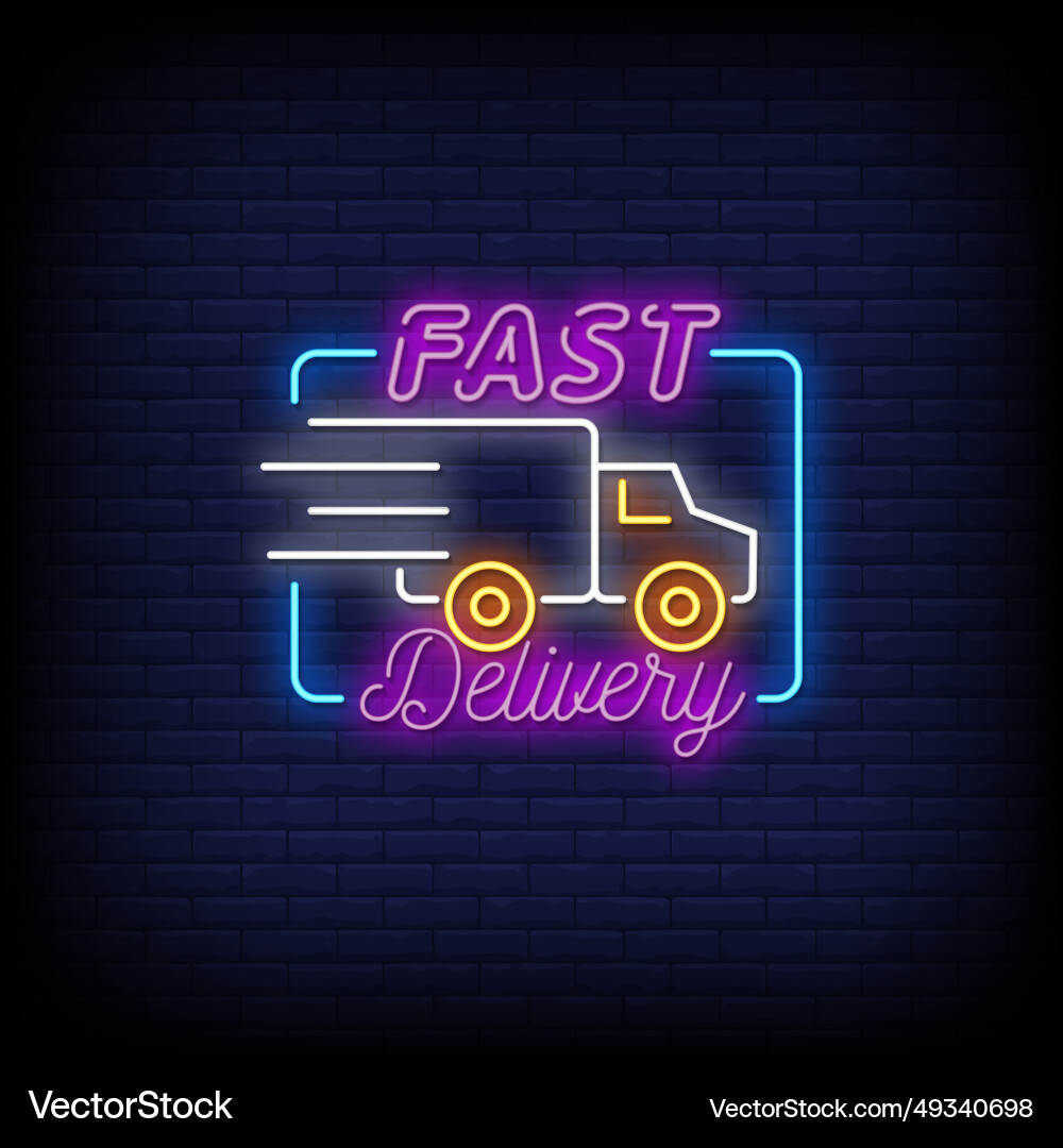 Neon sign fast delivery with brick wall background