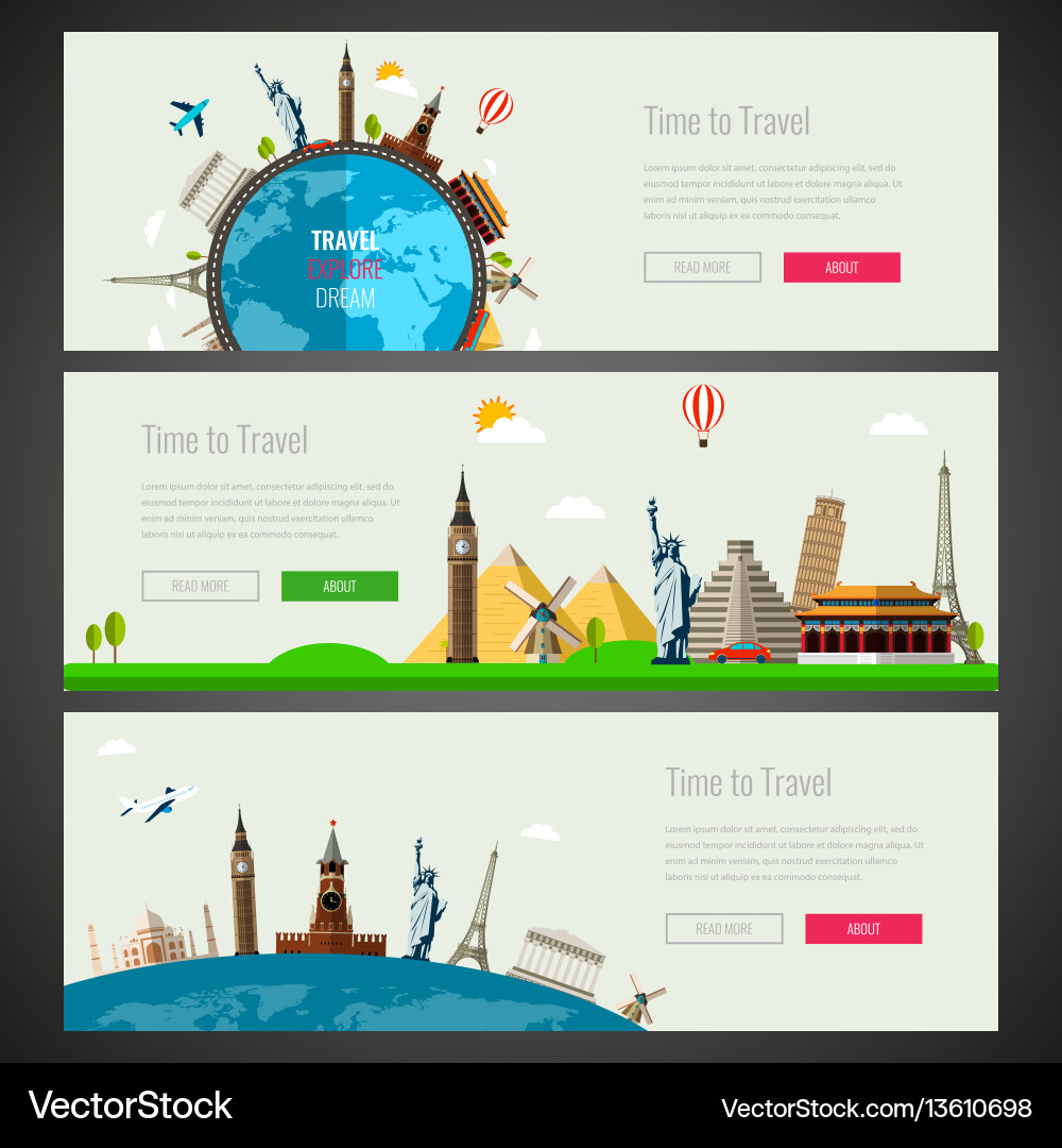 Three travel and tourism headers banners Vector Image