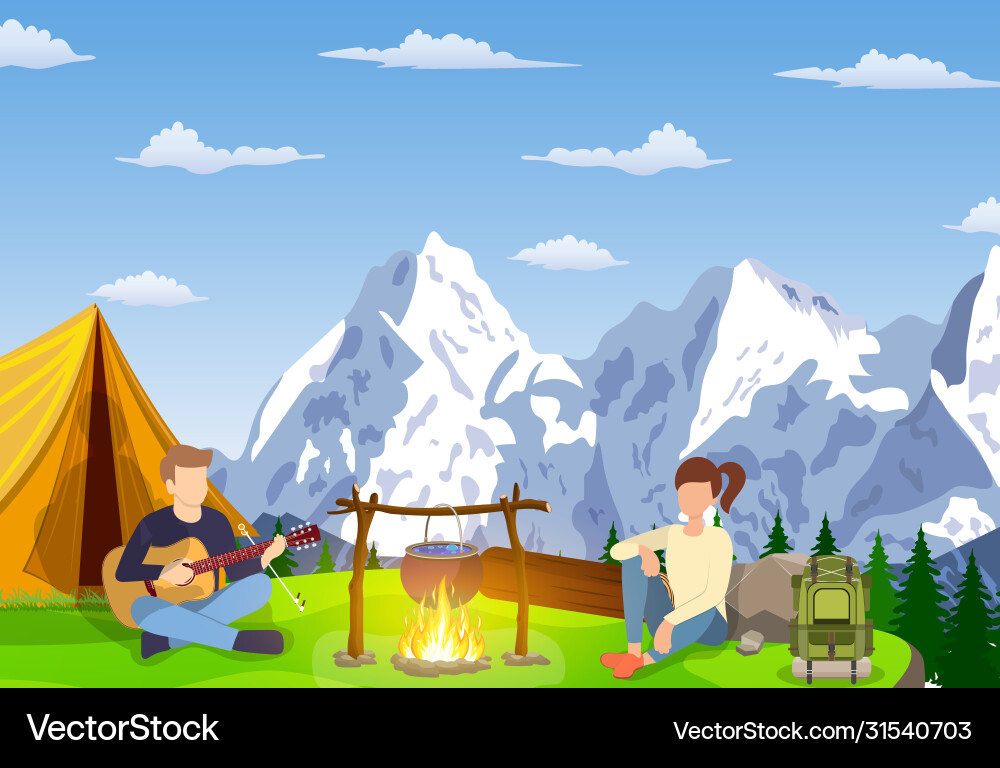 Group young people are sitting around campfire Vector Image