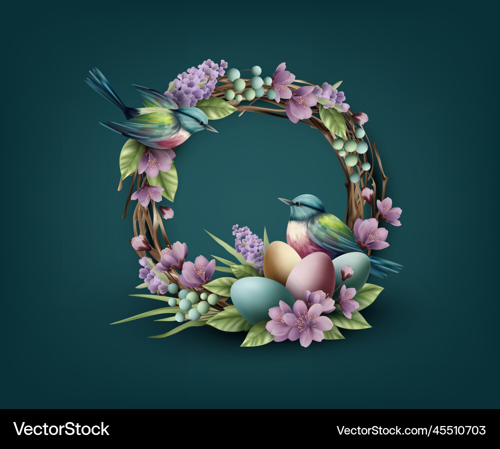 Happy easter greeting card wreath nest birds Vector Image