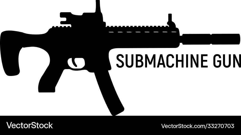 Submachine silhouette military gun with silencer Vector Image