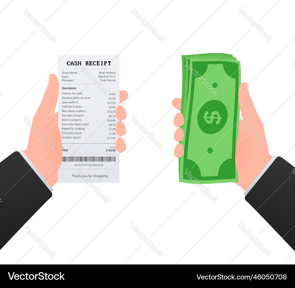 Hand holding receipt and holding money Royalty Free Vector