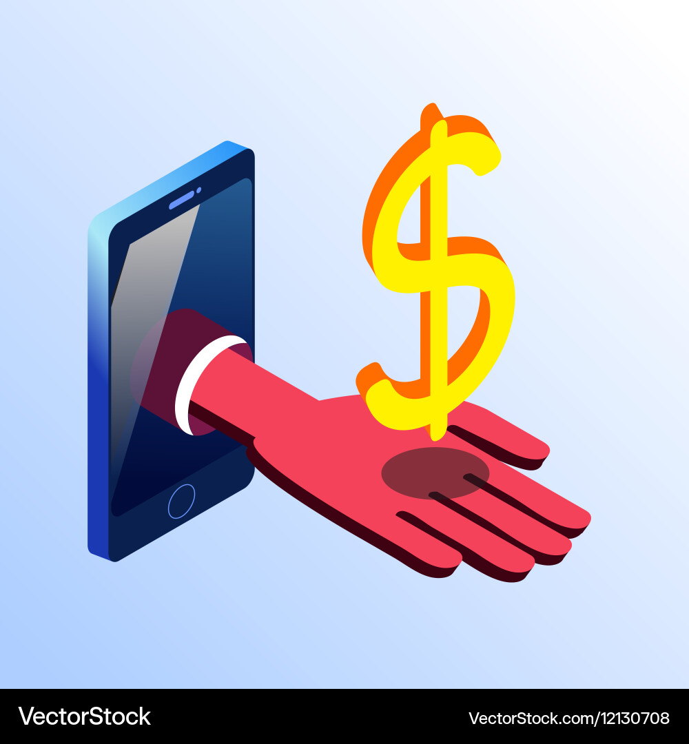 Isometric smartphone showing hand with dollar sign