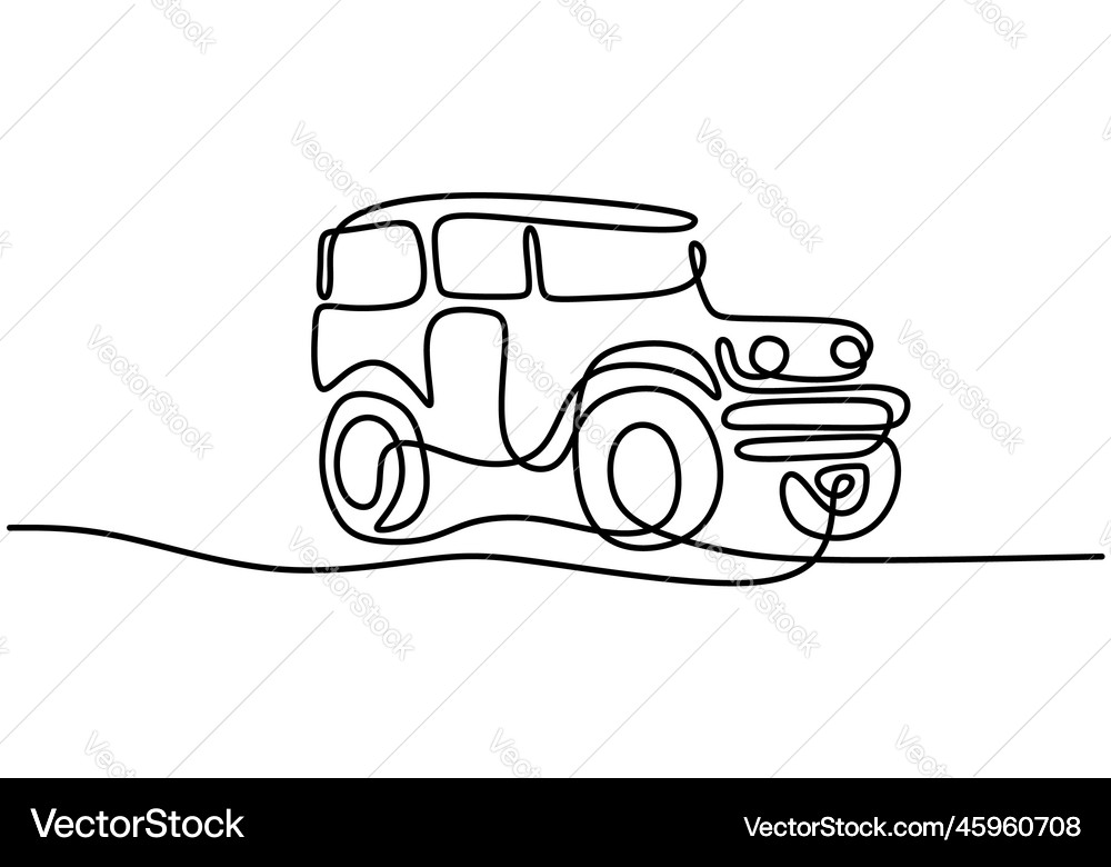 One continuous single hand drawn line of jeep Vector Image