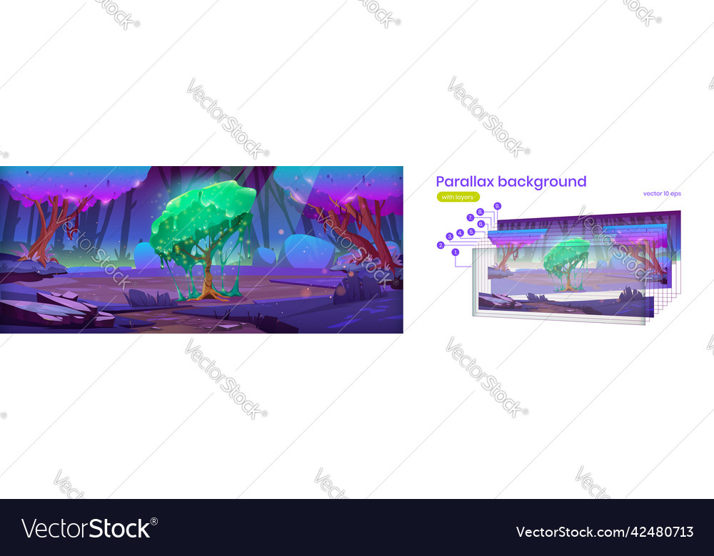 Parallax background with fantasy tree in forest Vector Image