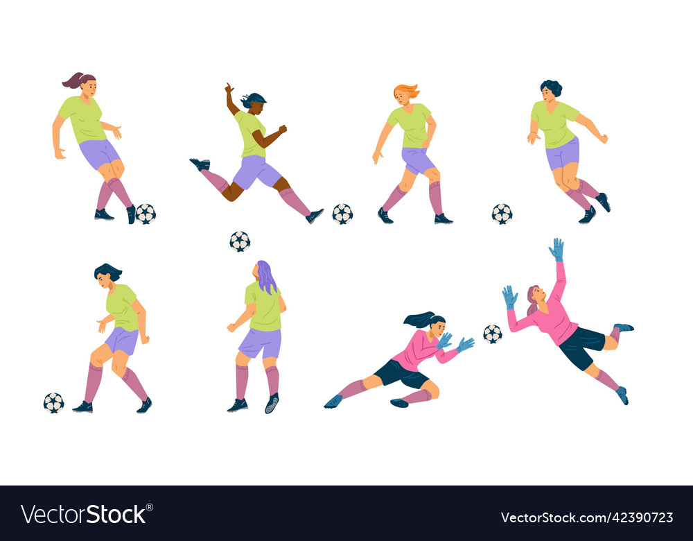 Woman soccer player team flat set girl Royalty Free Vector