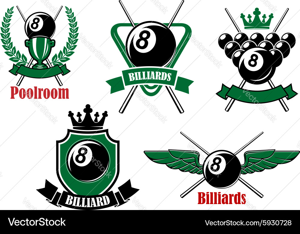 Pool snooker and billiards game icons Royalty Free Vector