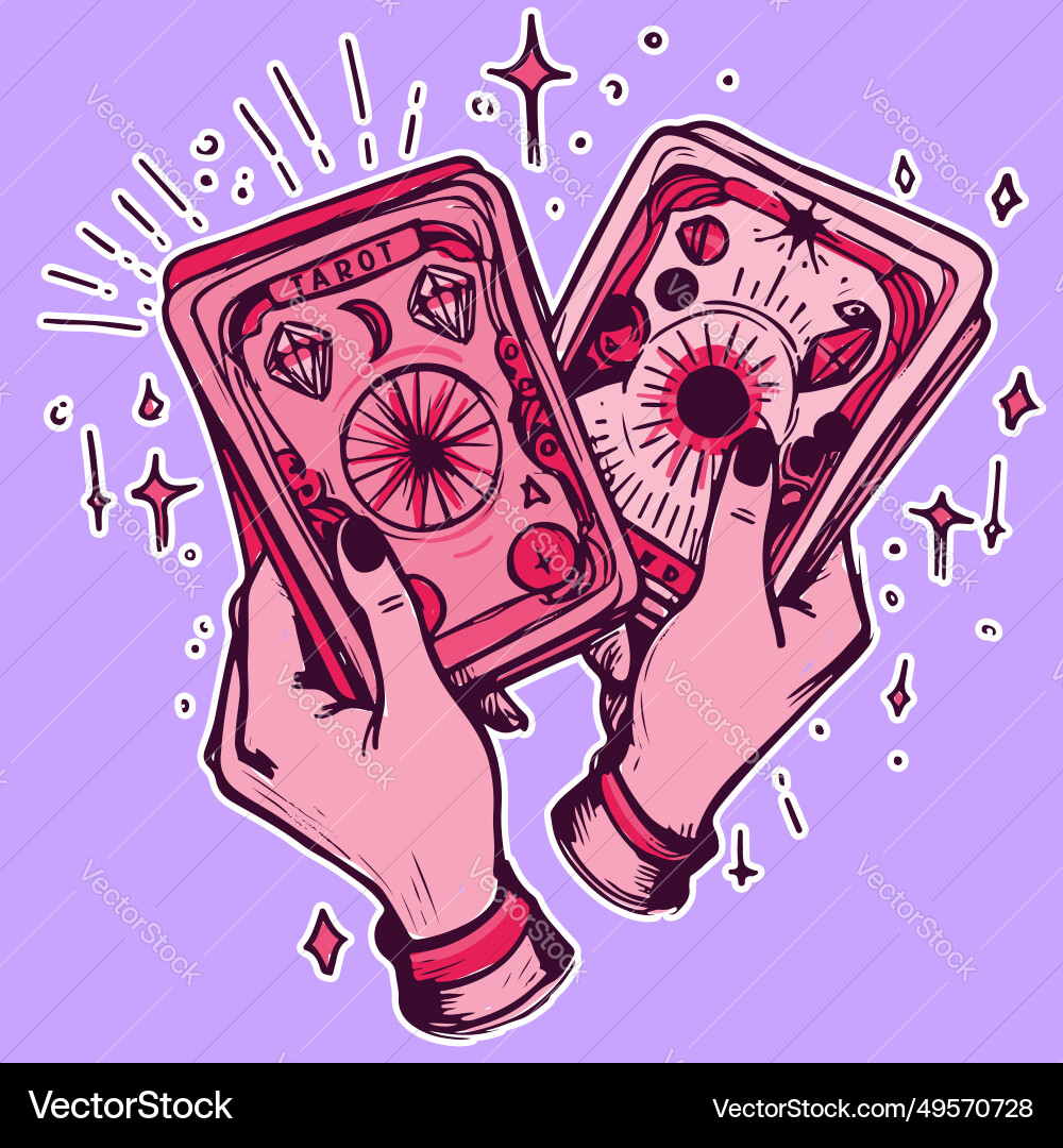 Two womens hands holding tarot cards Royalty Free Vector